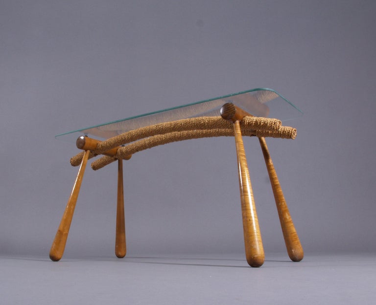 Austrian Midcentury Beechwood Side Table with Cord and Glass Top by Max ...