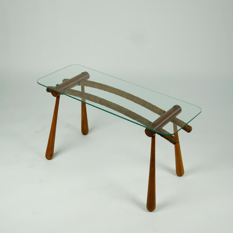 Austrian Midcentury Beechwood Side Table with Cord and Glass Top by Max ...