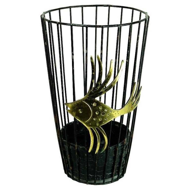 Austrian Midcentury Black Metal and Brass Fish Umbrella Stand by Walter ...