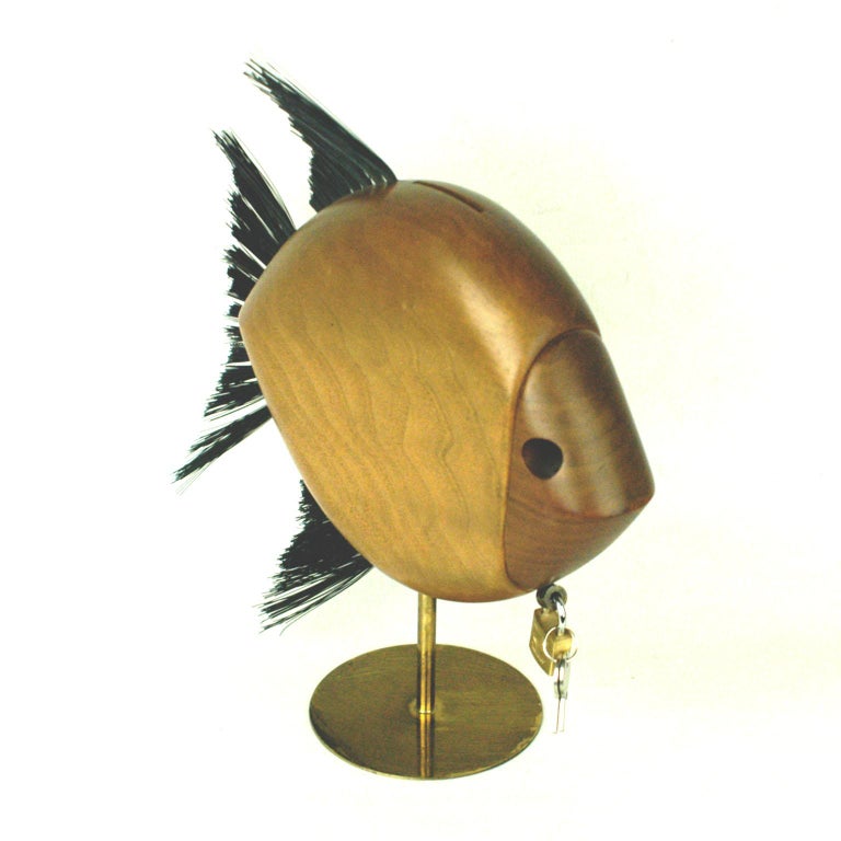 Austrian Modernist Walnut and Brass Fish Shaped Money Box by Carl ...