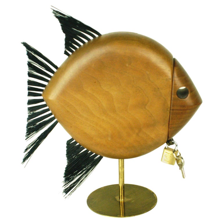 Austrian Modernist Walnut and Brass Fish Shaped Money Box by Carl ...