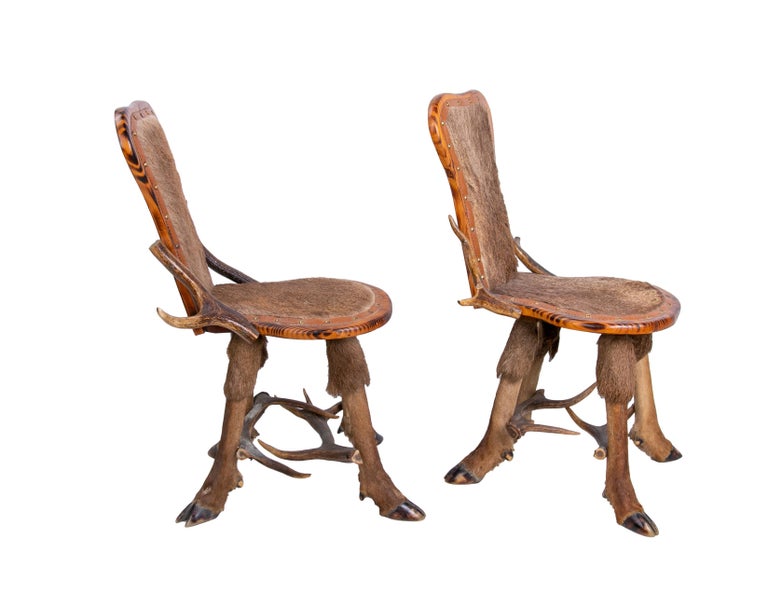 Austrian Pair of Armchairs Made of Antlers, Animal Backrest and Seat ...