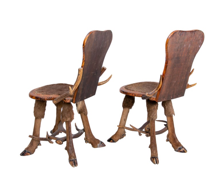 Austrian Pair of Armchairs Made of Antlers, Animal Backrest and Seat ...