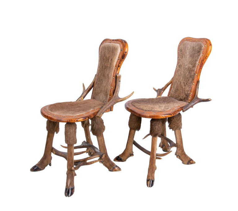 Austrian Pair of Armchairs Made of Antlers, Animal Backrest and Seat ...