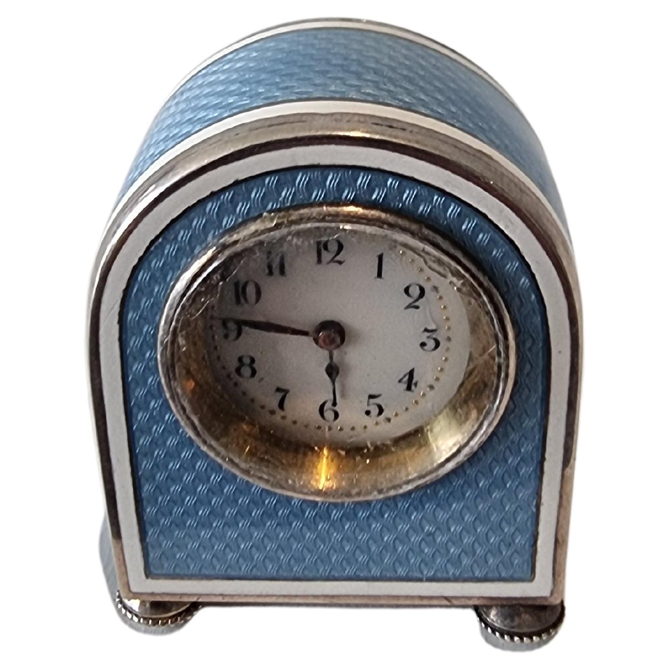 Austrian silver and sky blue guilloche enamel miniature clock For Sale ...