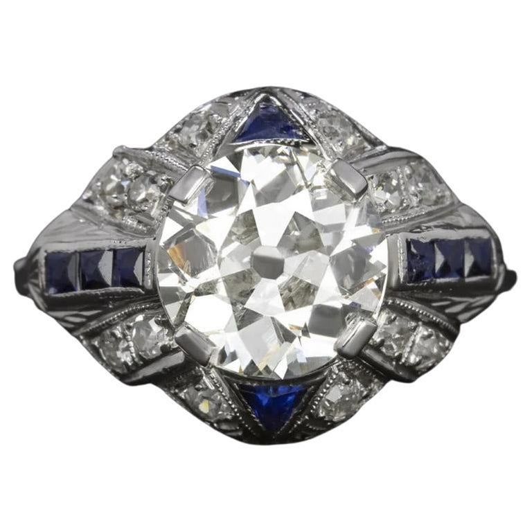 Authentic Art Deco Old European Diamond Blue Sapphire Platinum Ring For ...
