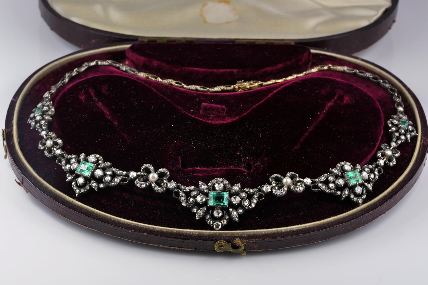 Authentic Georgian Rare Diamond and Emerald Stunning Necklace at 1stDibs