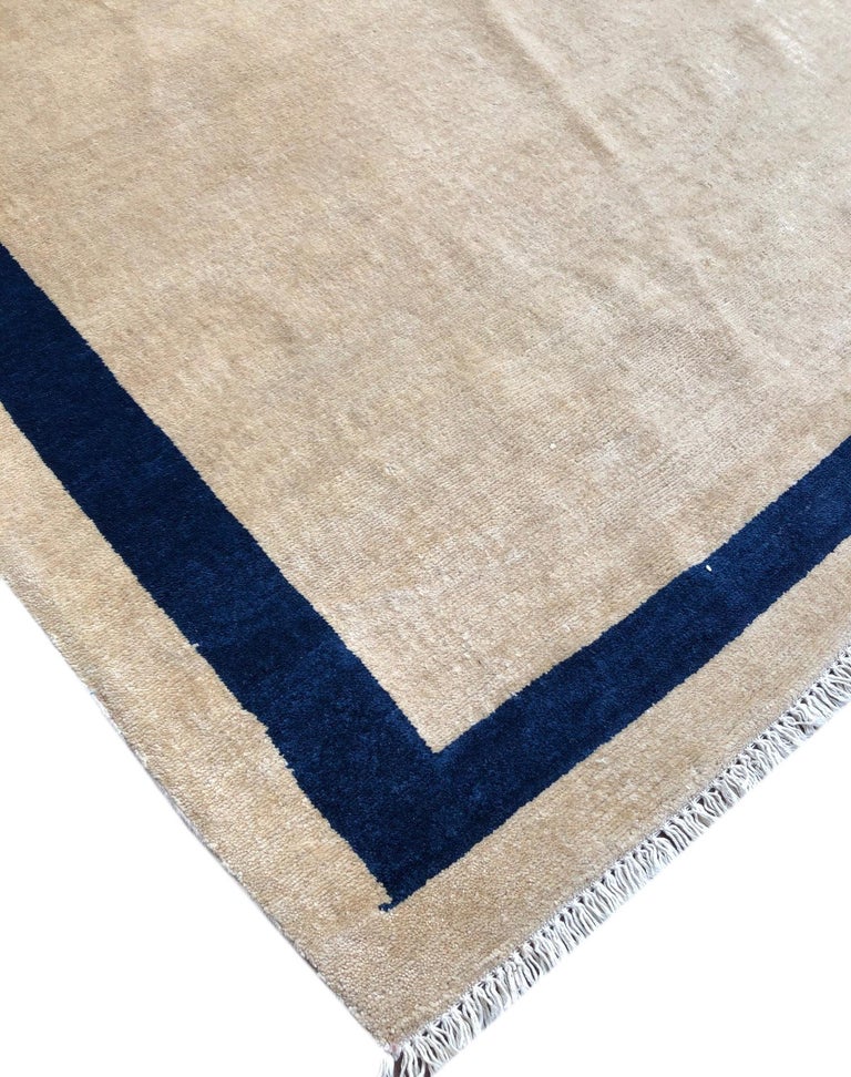 Authentic Hand Knotted Blue Cream Plain Chinese Rug, circa 1940 at 1stDibs