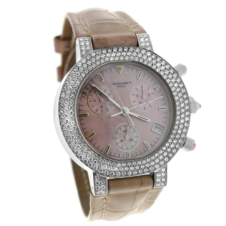 Authentic Ladies Chaumet Chronograph 18K White Gold MOP Diamond 40MM ...
