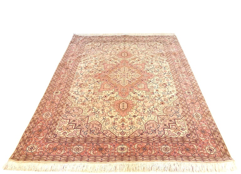 Authentic Persian Hand Knotted Geometric Cream Heriz Rug at 1stDibs