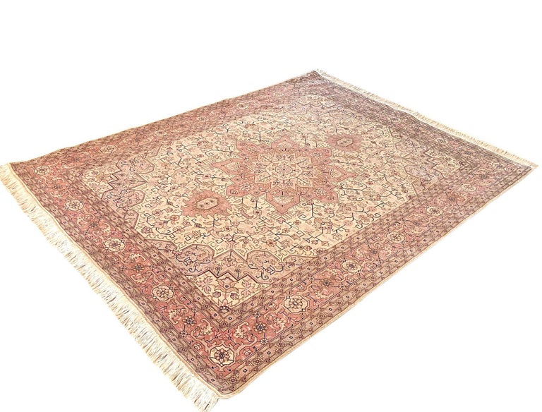 Authentic Persian Hand Knotted Geometric Cream Heriz Rug at 1stDibs
