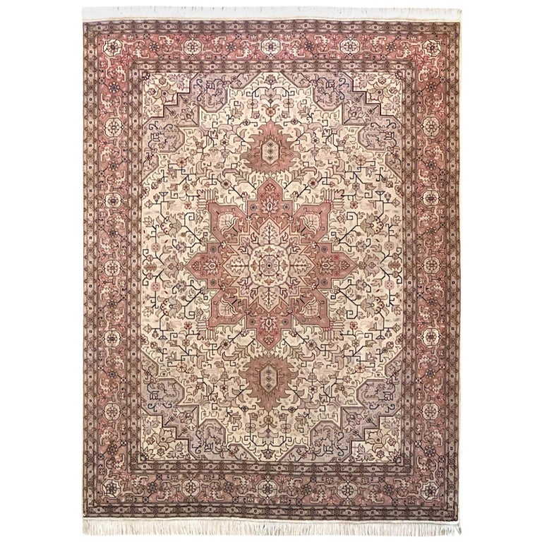 Authentic Persian Hand Knotted Geometric Cream Heriz Rug at 1stDibs