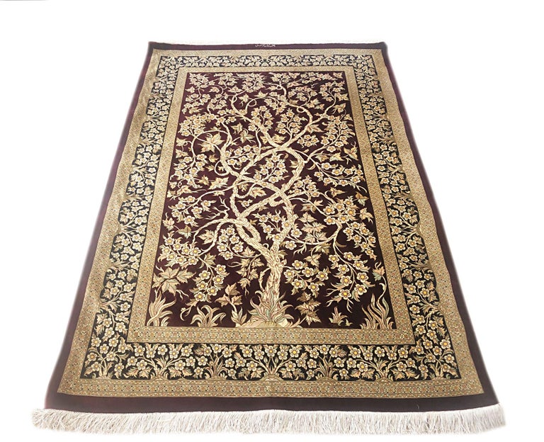 Authentic Persian Qum Hand Knotted Tree of Life Burgundy Silk Rug For ...