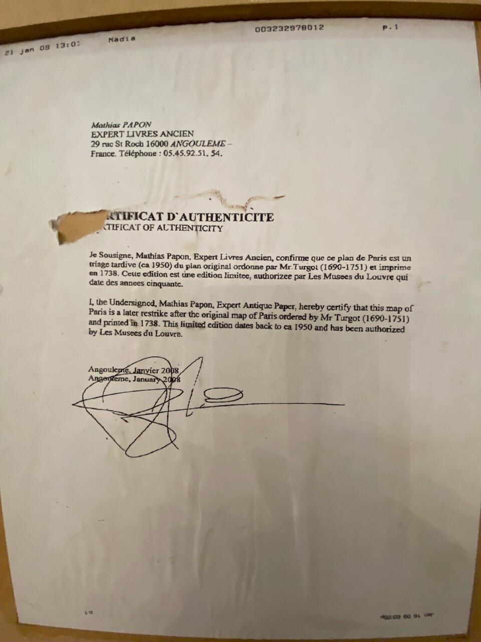 Authentic restrike of 1738 Map of Paris on Antique Paper For Sale at 1stDibs