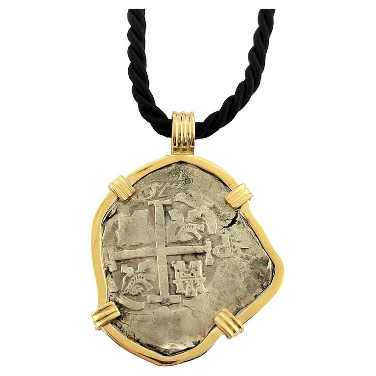 Authentic Spanish-American Silver Cob Pendant in 14K Yellow Gold Bezel ...