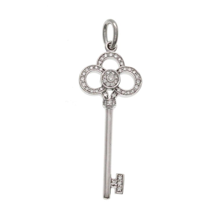 Authentic Tiffany and Co. 18 Karat White Gold Diamond Crown Key Pendant ...