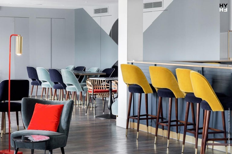 Ava Bar Stool Brass Fittings with Emerald green Backrest and Seat For ...