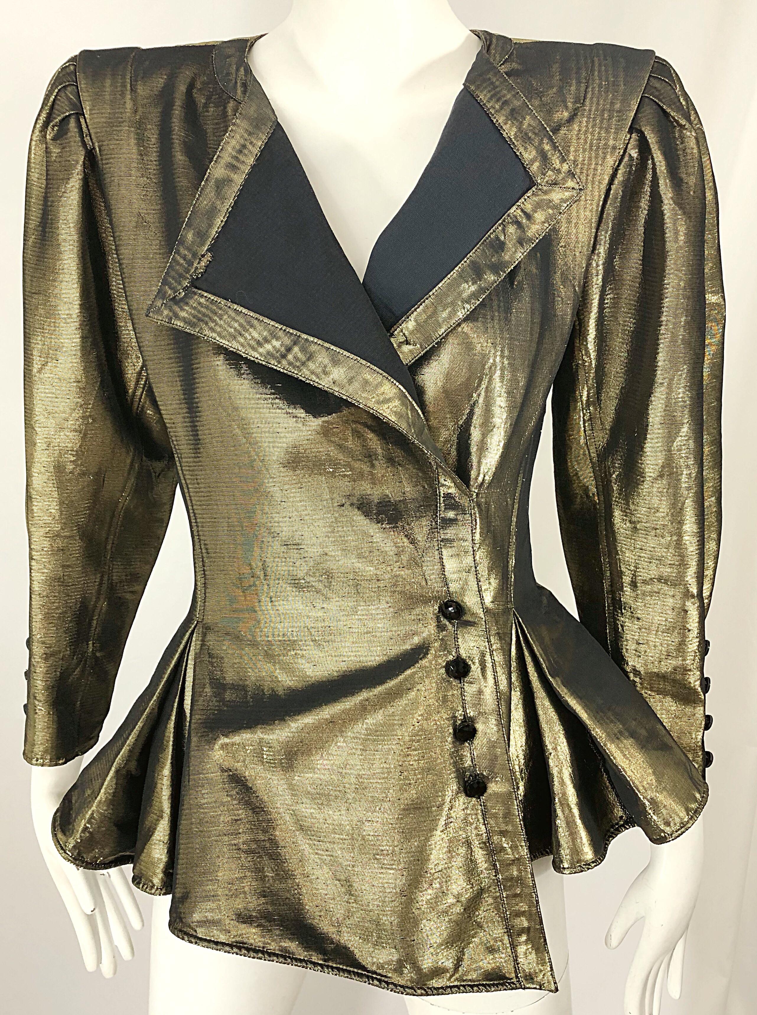 Avant Garde Emanuel Ungaro 1980s Gold Silk Metallic Vintage Peplum 80s Jacket For Sale at ...