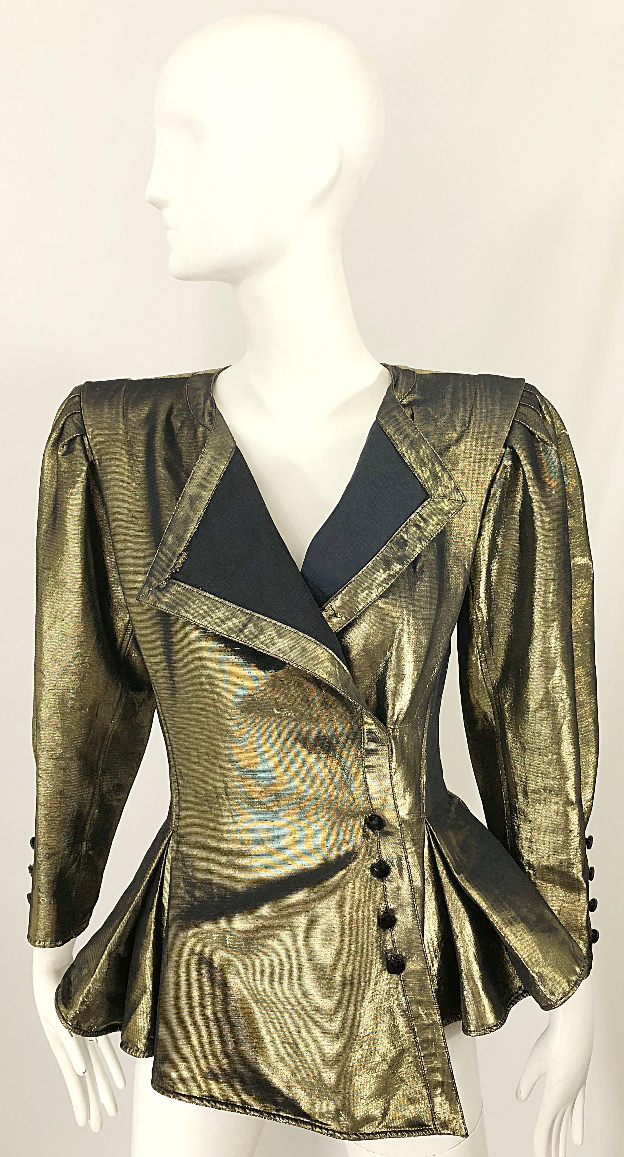 Avant Garde Emanuel Ungaro 1980s Gold Silk Metallic Vintage Peplum 80s Jacket For Sale at ...