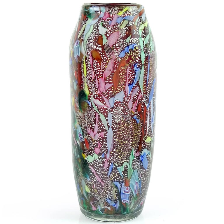 A.Ve.M. Murano Red Millefiori Silver Flecks Ribbon Italian Art Glass ...