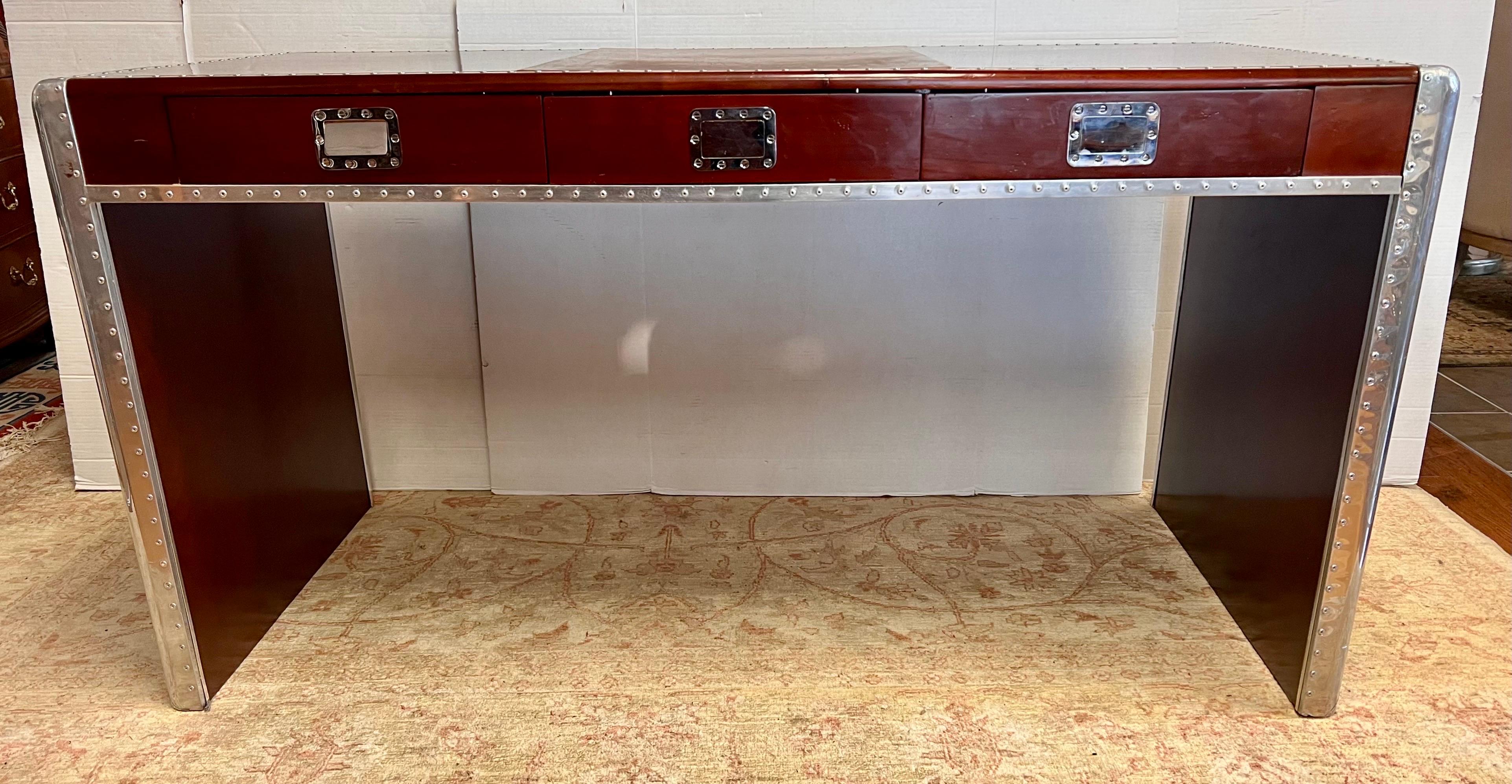Aviator Aluminum, Mahogany and Leather Writing Desk at 1stDibs