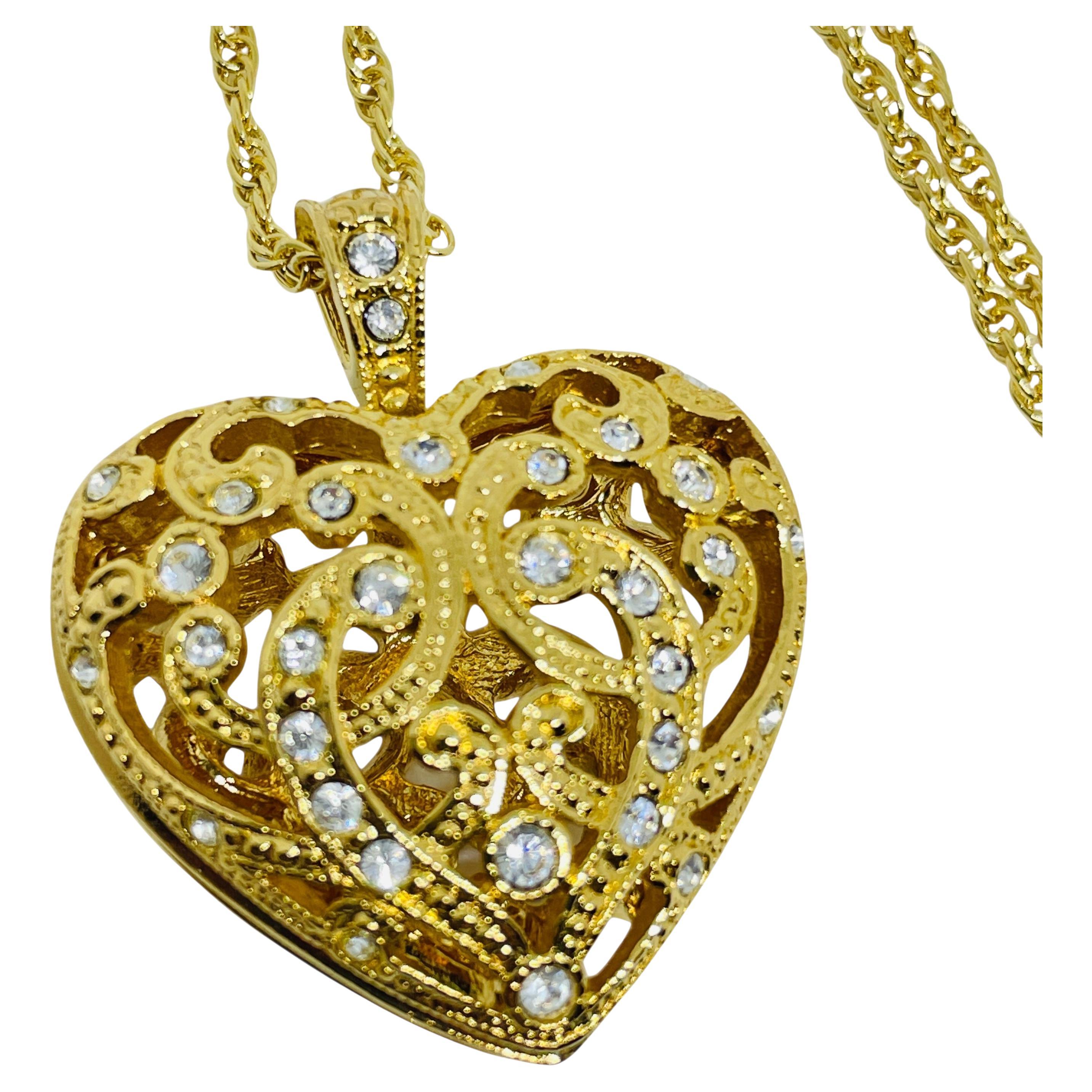 AVON vintage gold tone rhinestone 'OPEN PAVE HEART' designer chain ...