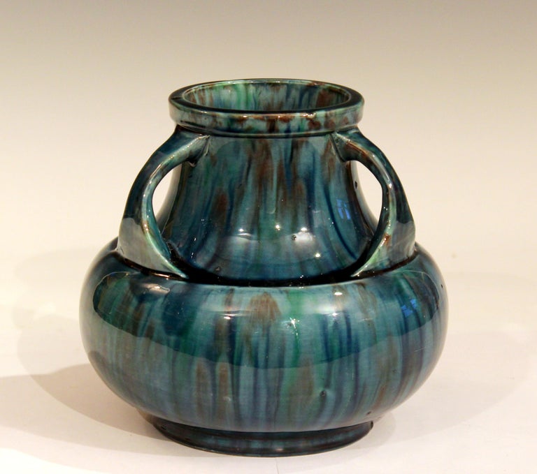 Awaji Pottery Art Deco Japanese Vintage Studio Vase in Blue Flambé Drip ...