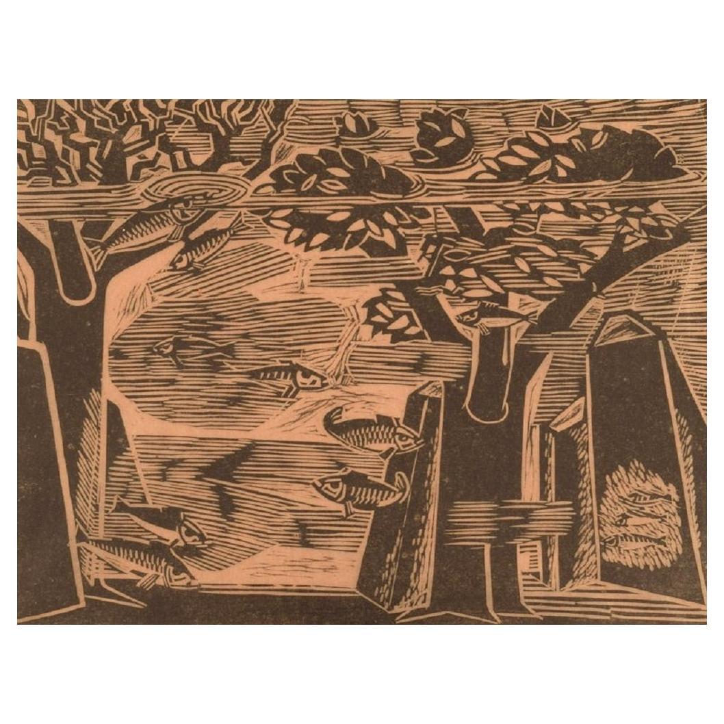 Axel Salto, Woodcut Print on Japanese Paper, Dated 1933 For Sale at 1stDibs