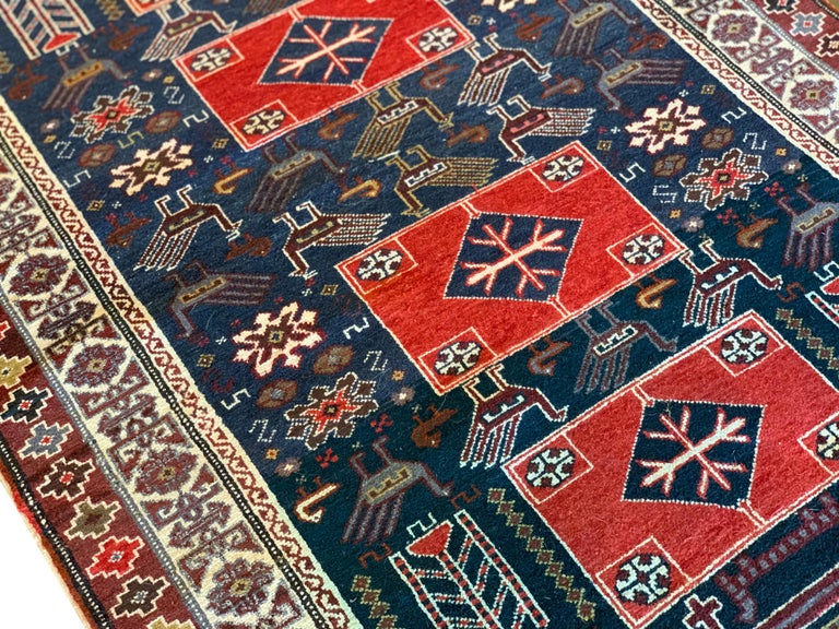Azerbaijan Rug Antique Wool Blue Red Carpet Handmade For Sale at 1stDibs
