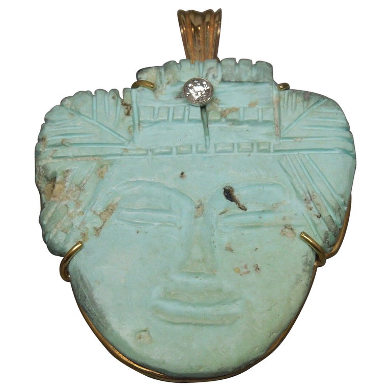 Aztec Carved Turquoise Amulet Pendant at 1stDibs