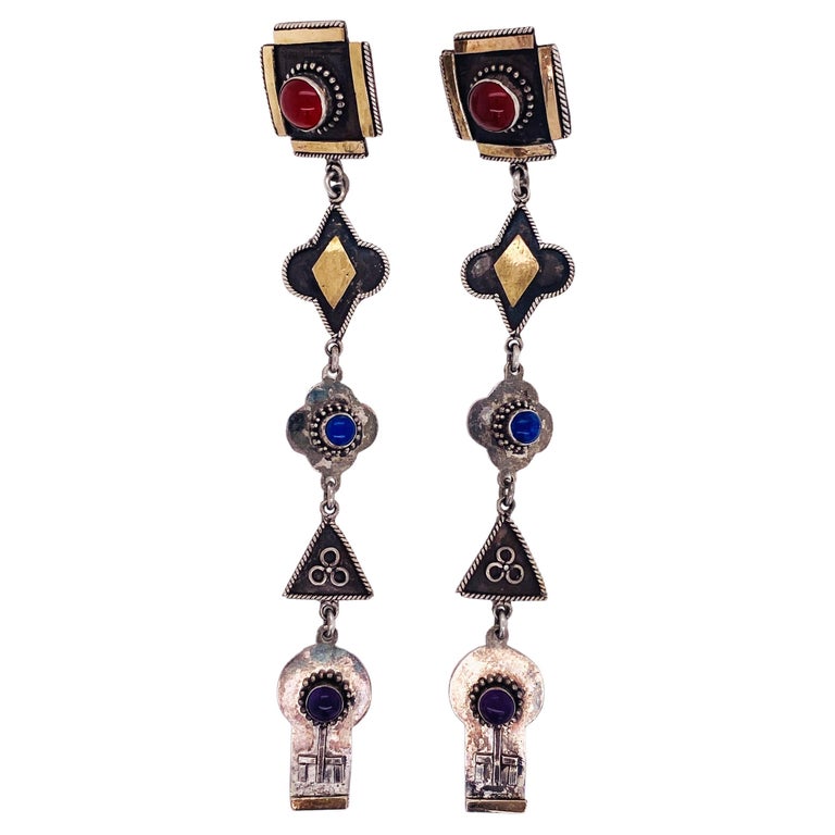 Aztec Drop Earrings 5 Tier w Genuine Coral Lapis and Gold Accents Solid ...