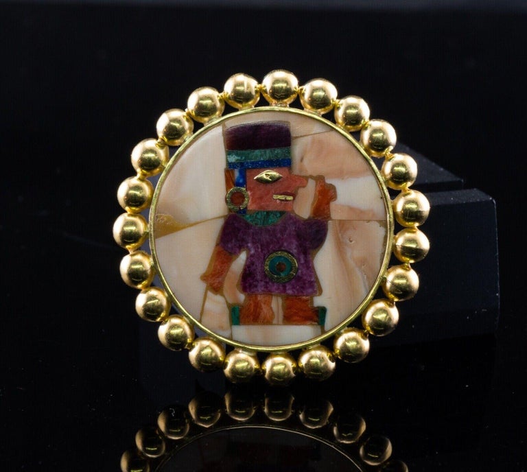 Aztec Peruvian Figure Pendant Brooch 18K Gold For Sale at 1stDibs