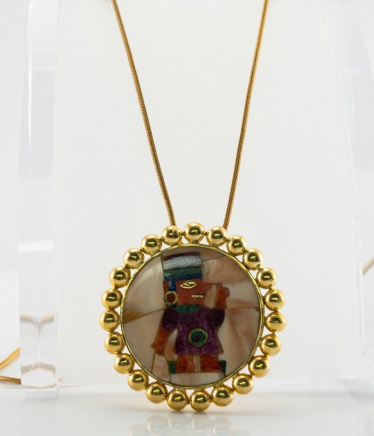Aztec Peruvian Figure Pendant Brooch 18K Gold For Sale at 1stDibs