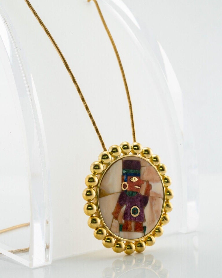 Aztec Peruvian Figure Pendant Brooch 18K Gold For Sale at 1stDibs