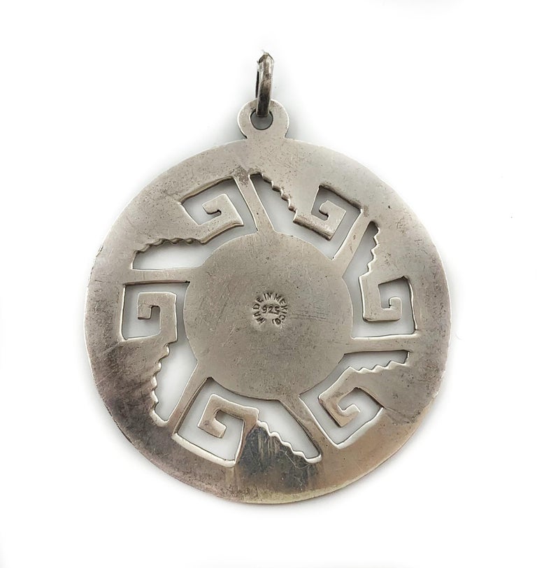 Aztec Style Design Silver Carved Round Pendant For Sale at 1stDibs