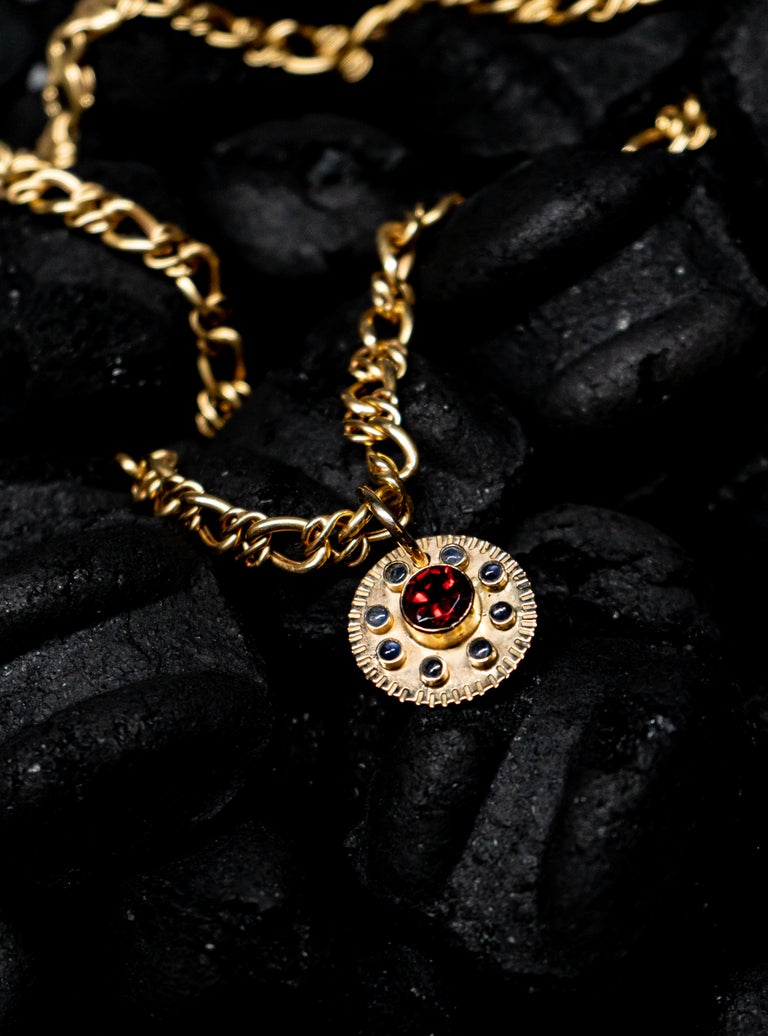 Aztec Sun Pendant in 18k Gold with Granate and 8 Sapphires For Sale at ...