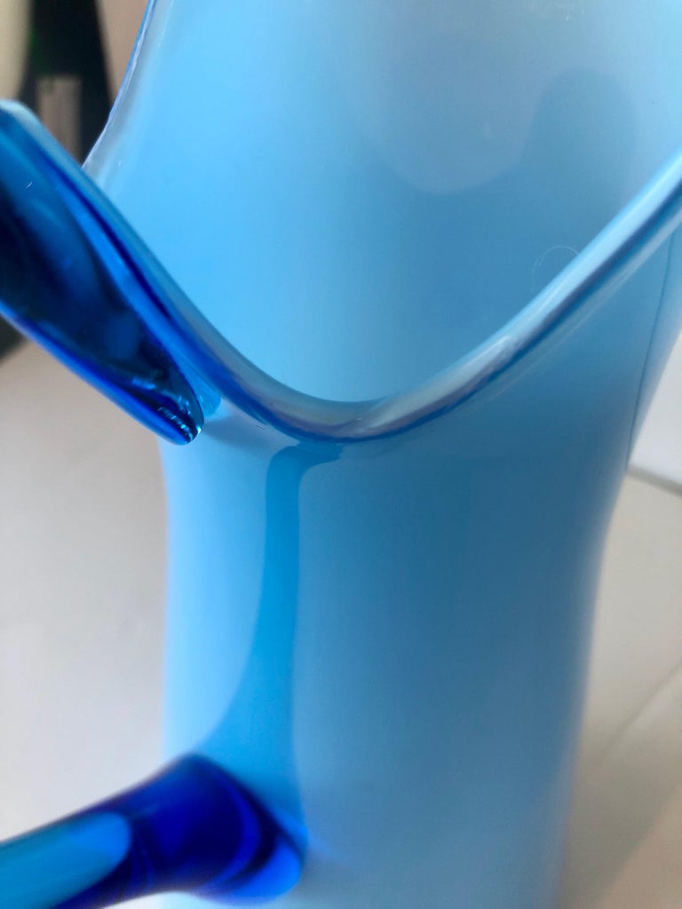 Azure Blue Over White Cased Venetian Glass Pitcher with Darker Blue ...