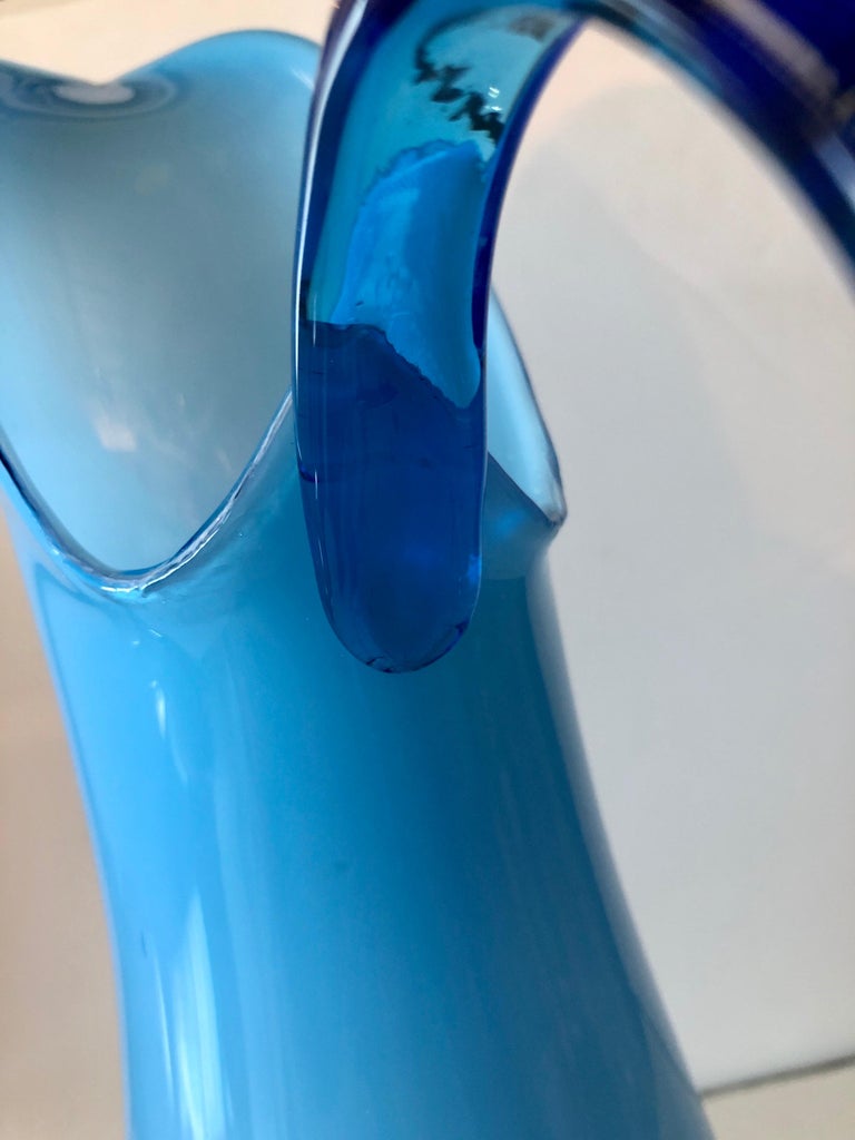Azure Blue Over White Cased Venetian Glass Pitcher with Darker Blue ...