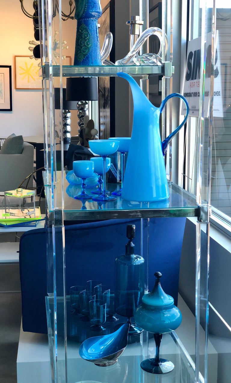 Azure Blue Over White Cased Venetian Glass Pitcher with Darker Blue ...