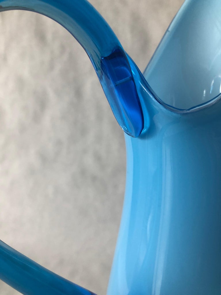 Azure Blue Over White Cased Venetian Glass Pitcher with Darker Blue ...