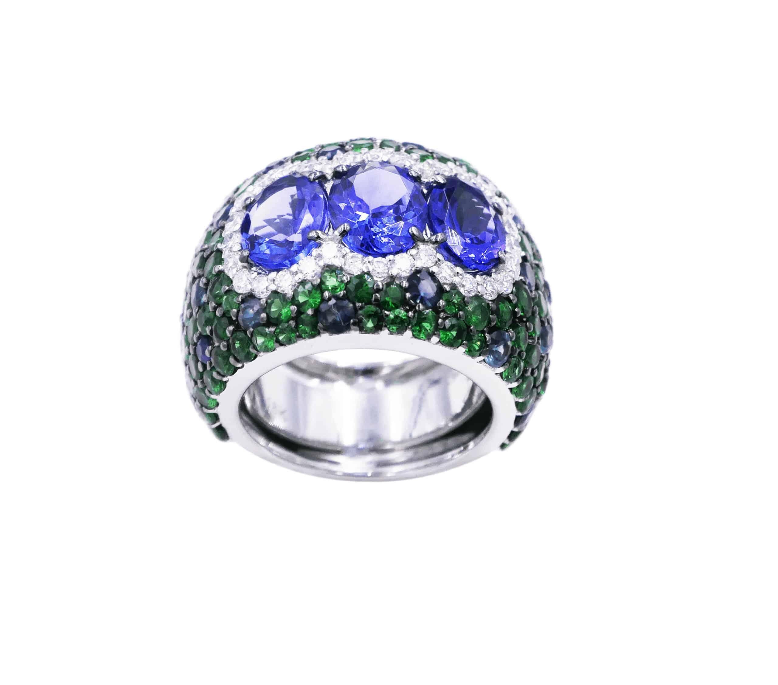 Tanzanite Tsavorite Diamond Pave Sapphire Cocktail Dome 18 Karat White ...
