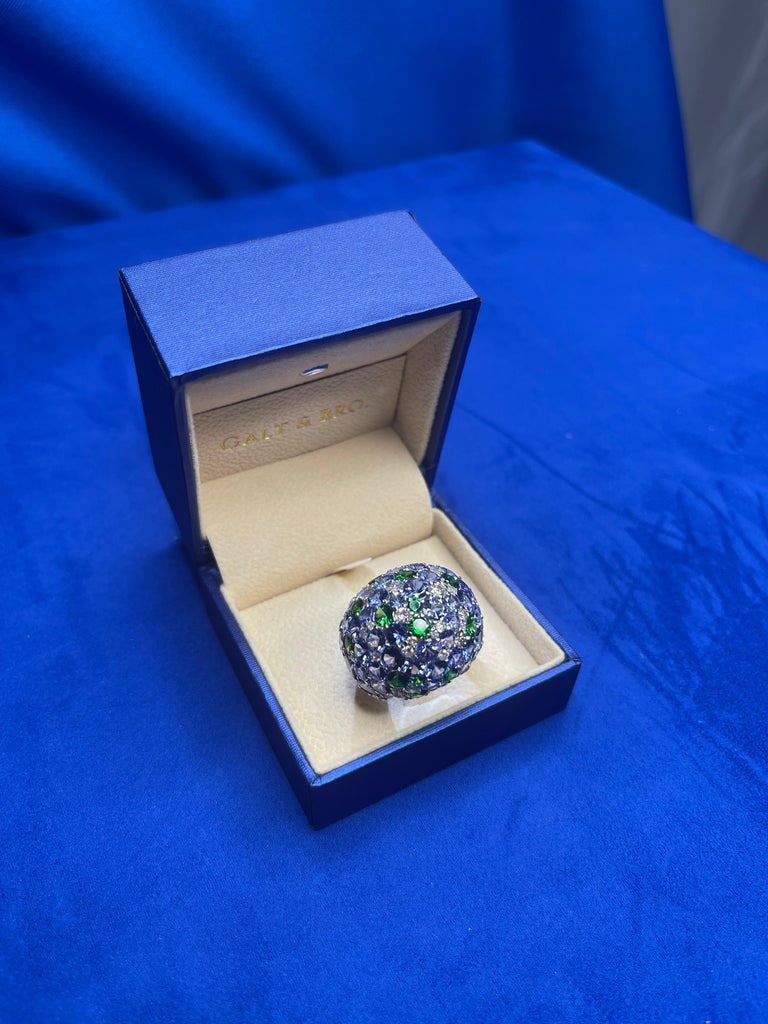 Blue Tanzanite Tsavorite Diamond Pave Sky Dome Chunky 18 Karat White ...