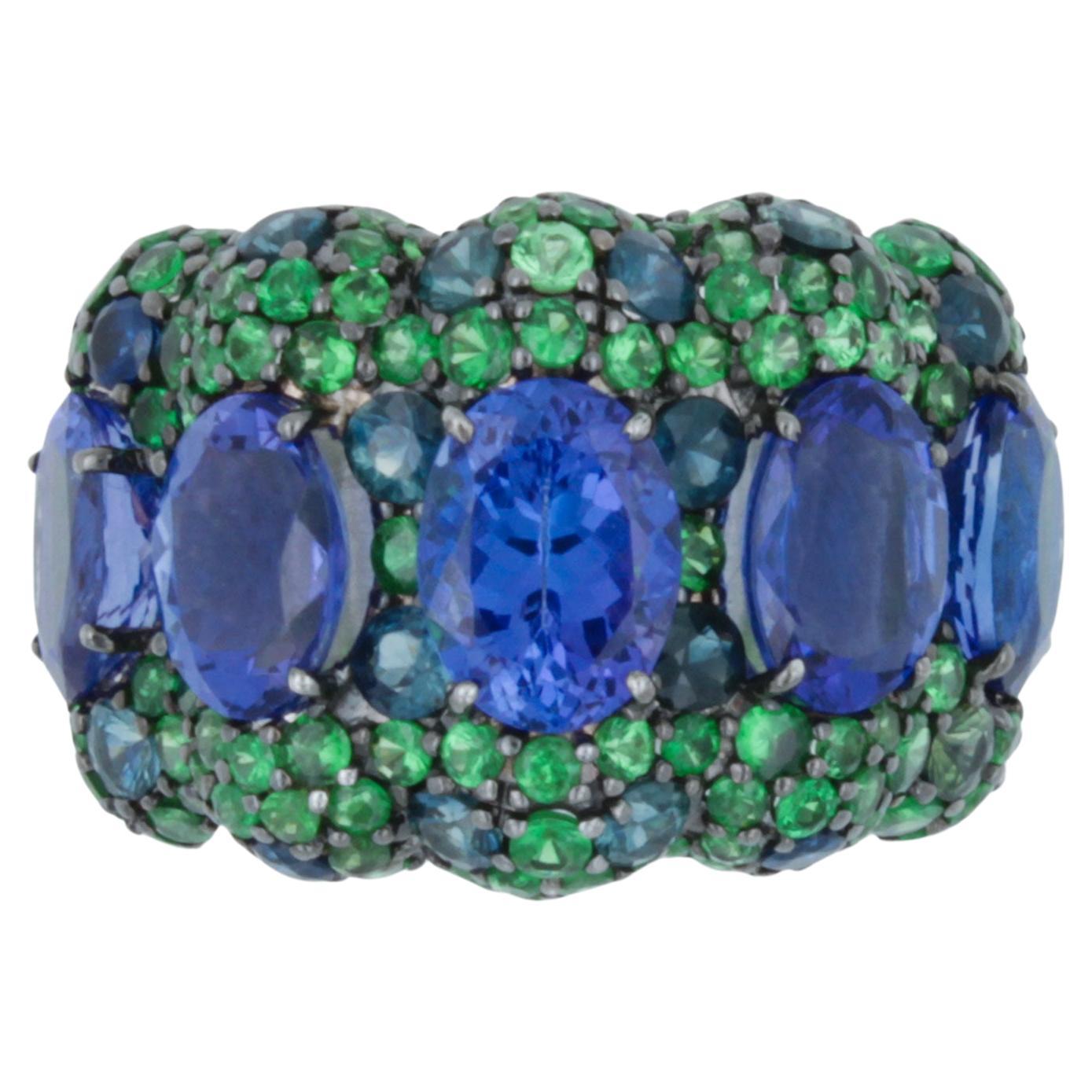 Blue Oval Tanzanite Tsavorite Diamond Pave Sapphire Dome 18K White Gold ...