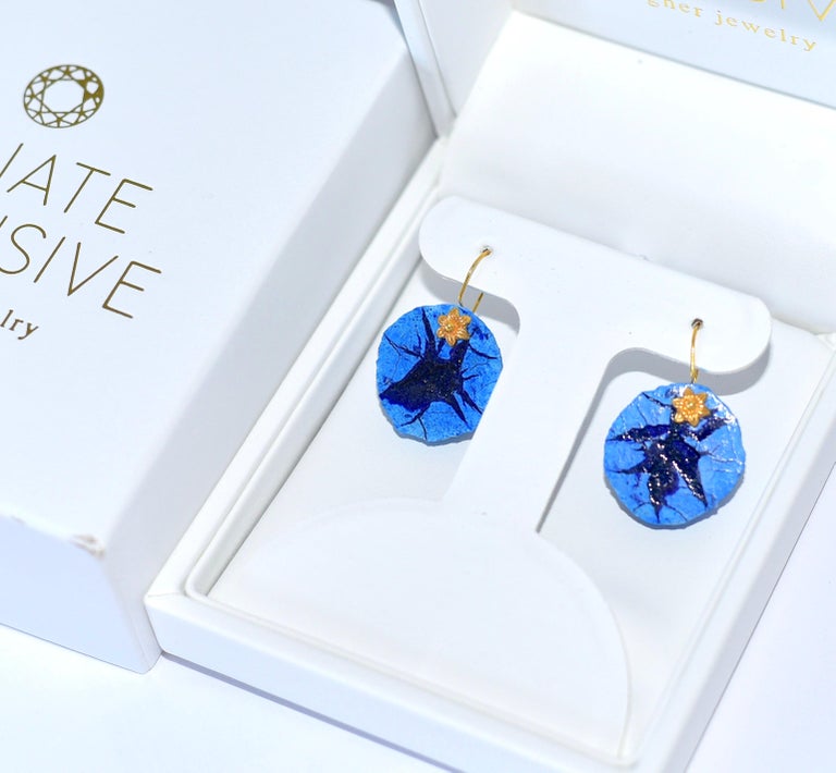 Azurite Geode Earrings in 18K Solid Yellow Gold For Sale at 1stDibs