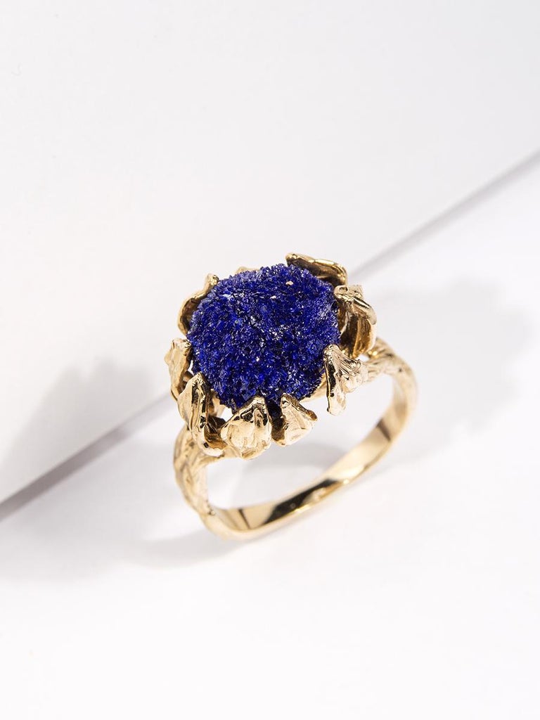 Azurite Gold Ring Natural Deep Blue Raw Crystal Flower petals For Sale ...