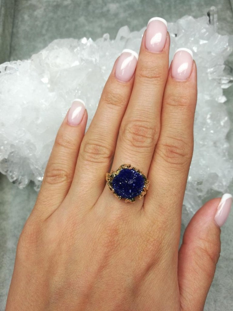 Azurite Gold Ring Natural Deep Blue Raw Crystal Flower petals For Sale ...