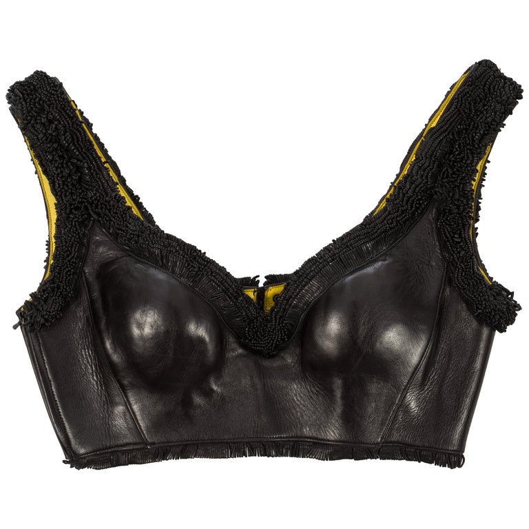 Azzedine Alaia black leather fringed lace up bra, fw 1994 at 1stDibs