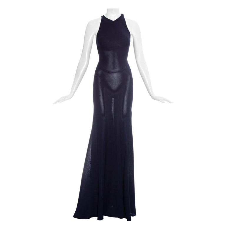 Azzedine Alaia - Robe longue moulante en maille bleu marine à décolleté ...