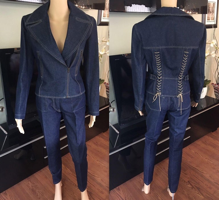 Azzedine Alaia Vintage Laced Up Denim Pants and Jacket Set Pant Suit 2 ...