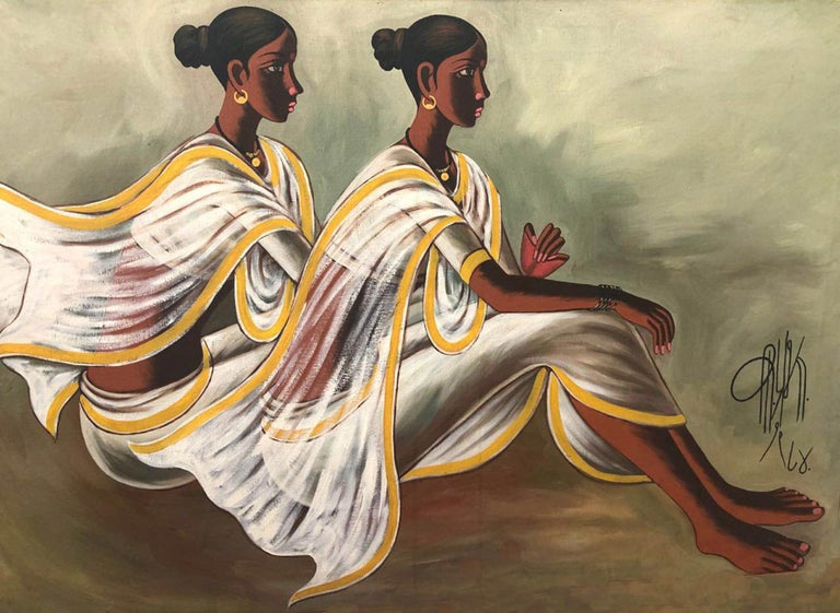 B. Prabha - Saheli; Indian Women, white saree yellow border, oil canvas ...